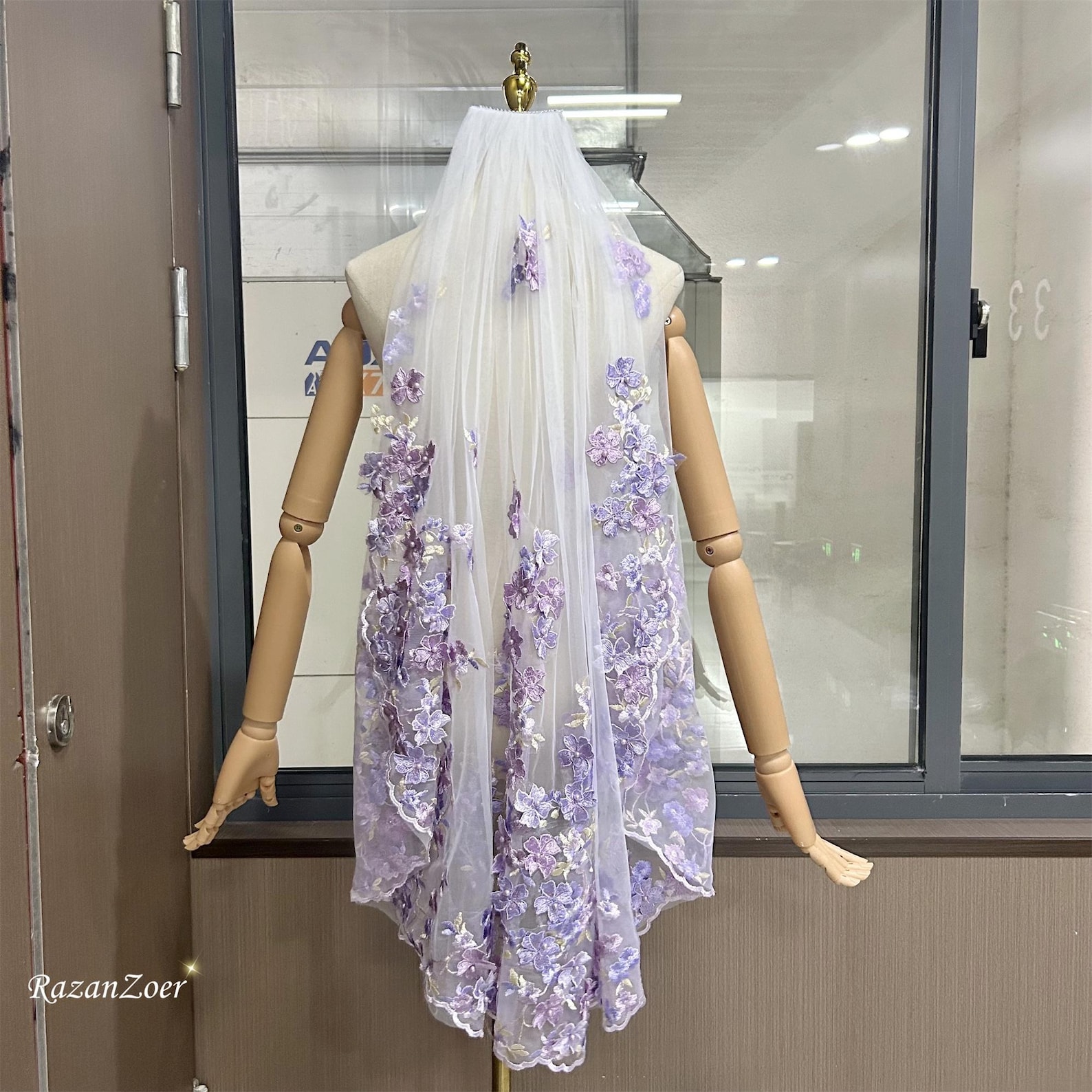 2025 Spring Trend Veil, Lavender Purple Floral Lace Applique Veil Short ...