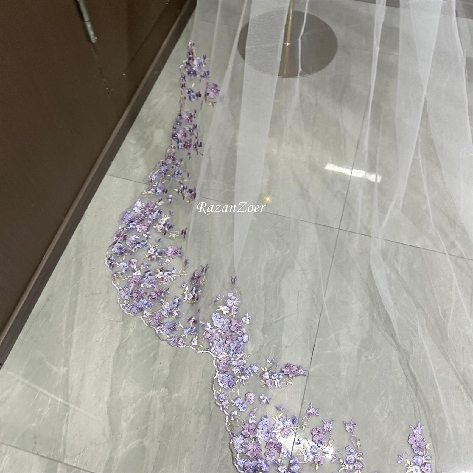 Exquisite Purple Violet Floral Lace Veil, Pearl Flower Wedding Veil ...