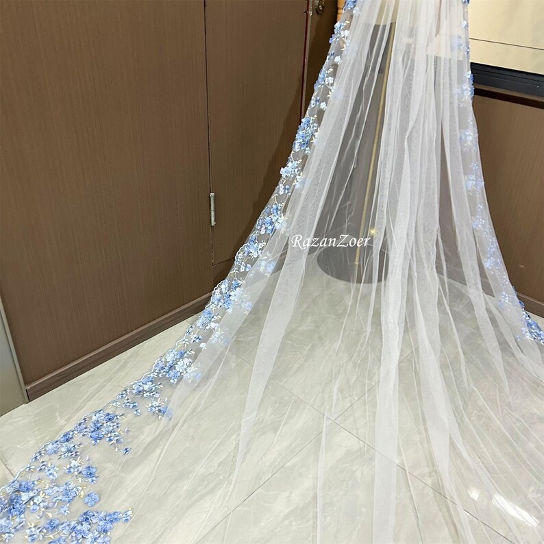 Wedding Veil Full Lace Trimming Blue Floral Lace Veil Blue Pearl Floral ...