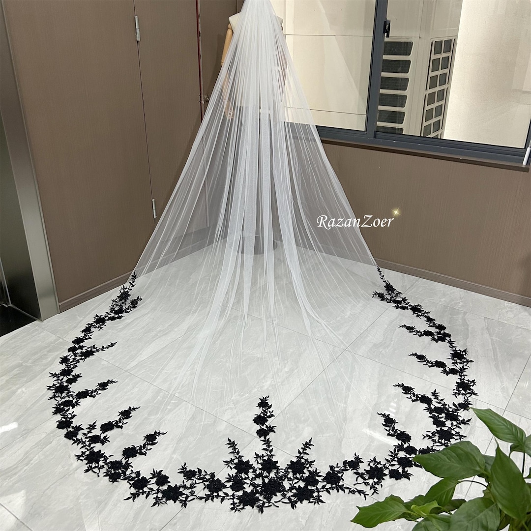 Black Thorn Rose Lace Veil Circle Lace Trim Wedding Veil, Cathedral ...