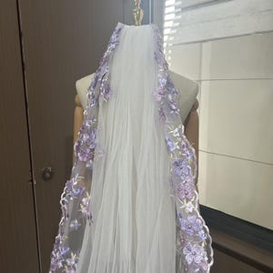 Wedding Veil Full Lace Trimming Lavender Floral Lace Veil Purple Violet ...