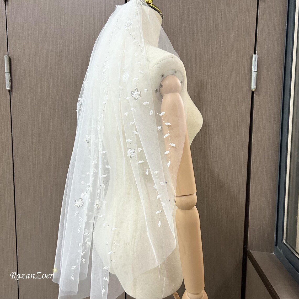 Floral Beaded Veil, Fingertip Veil, Bridal Shower Veil, Sequined Veil ...