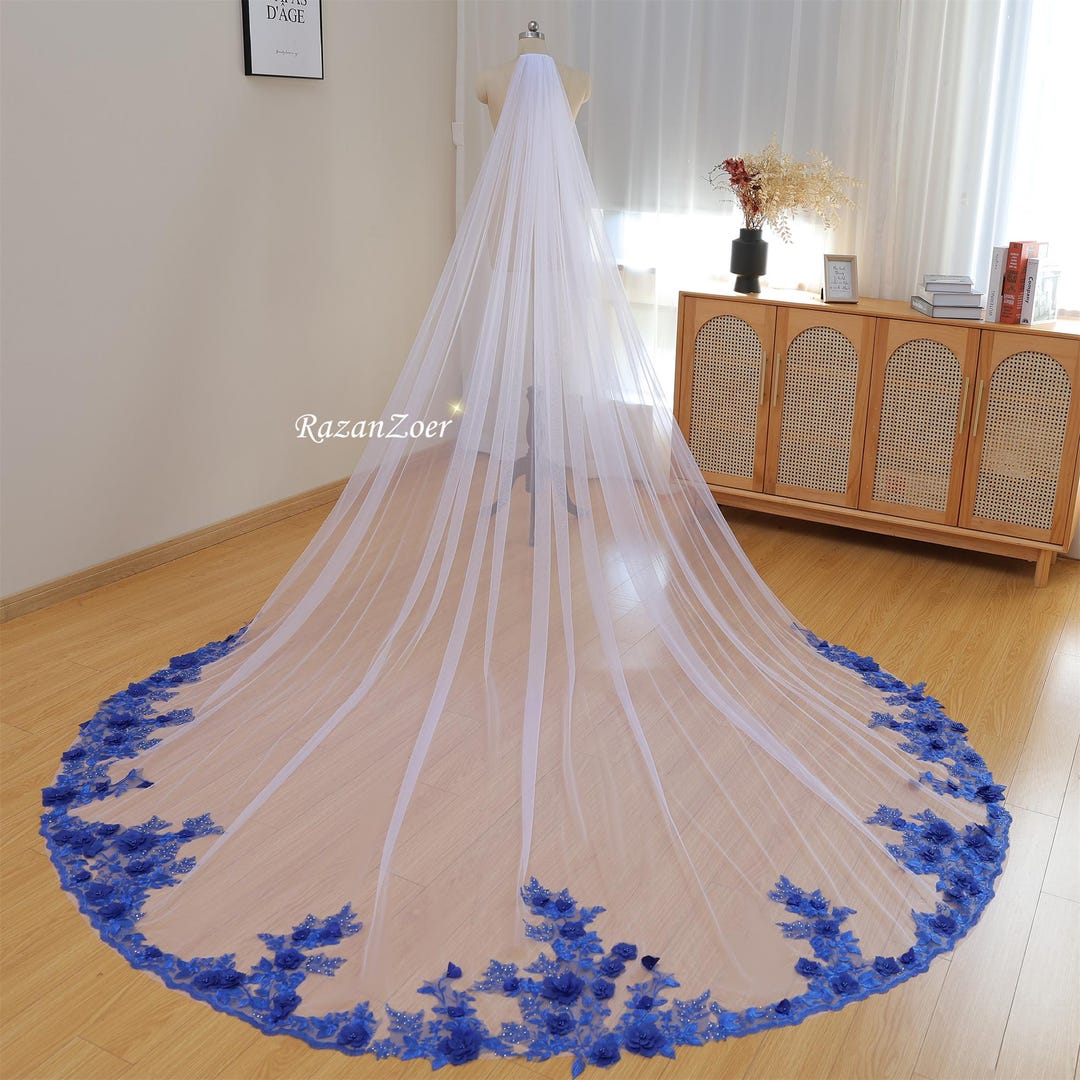 3d Flower Lace Wedding Veil Royal Blue Exquisite Lace Veil 1T Chapel ...