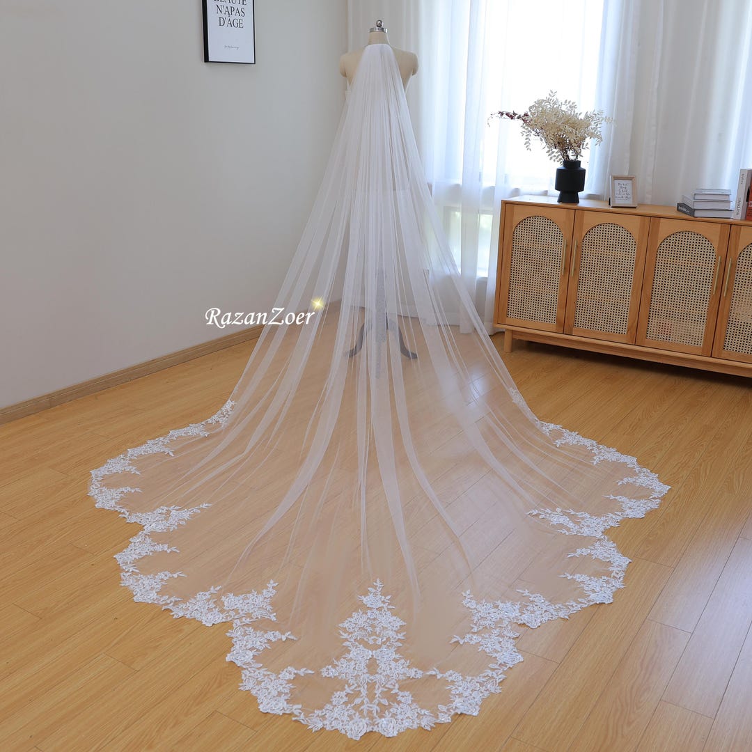 Ivory Lace Veil 118" Cathedral Veil, Mermaid Veil With Comb, Floral ...