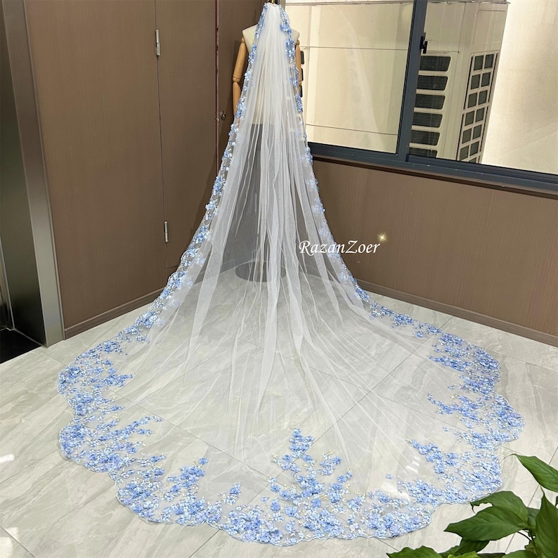 Wedding Veil Full Lace Trimming Blue Floral Lace Veil Blue Pearl Floral ...