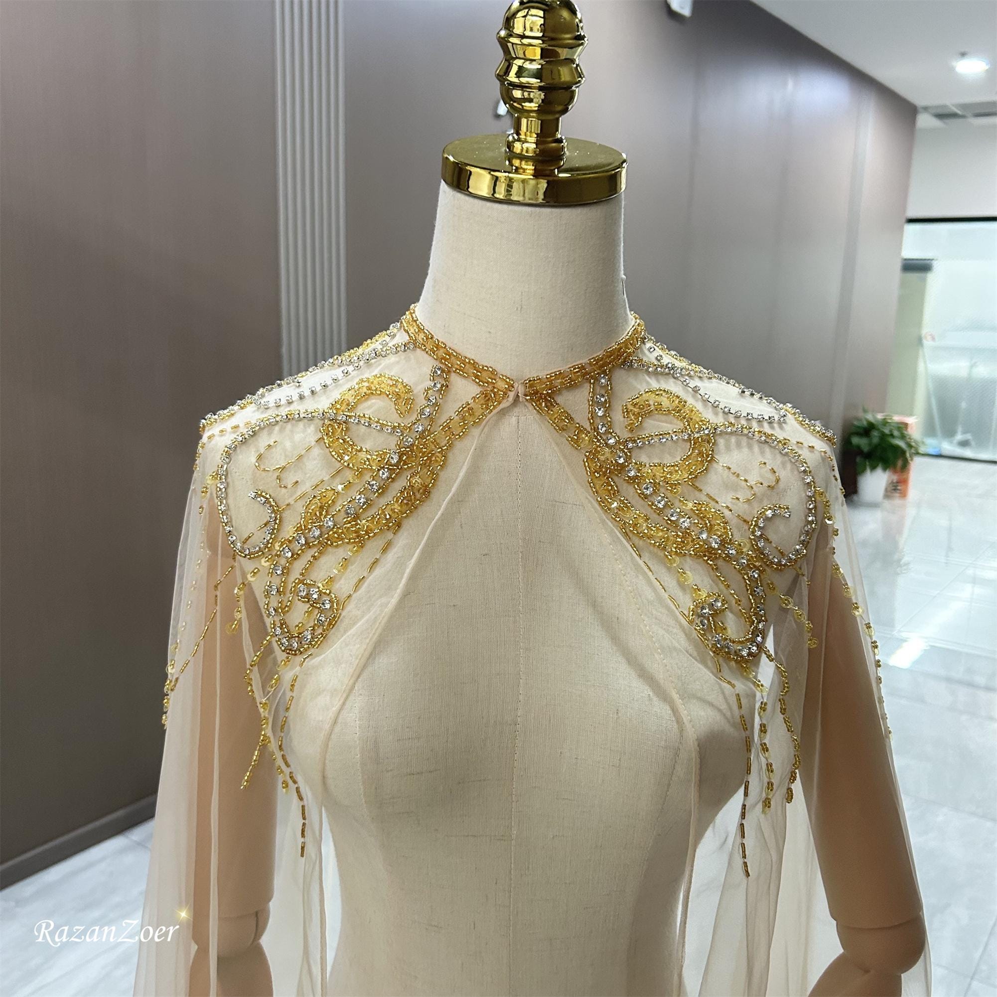 Gold Beaded Luxury Wedding Cape | Champagne Long Bridal Cape | Wedding ...
