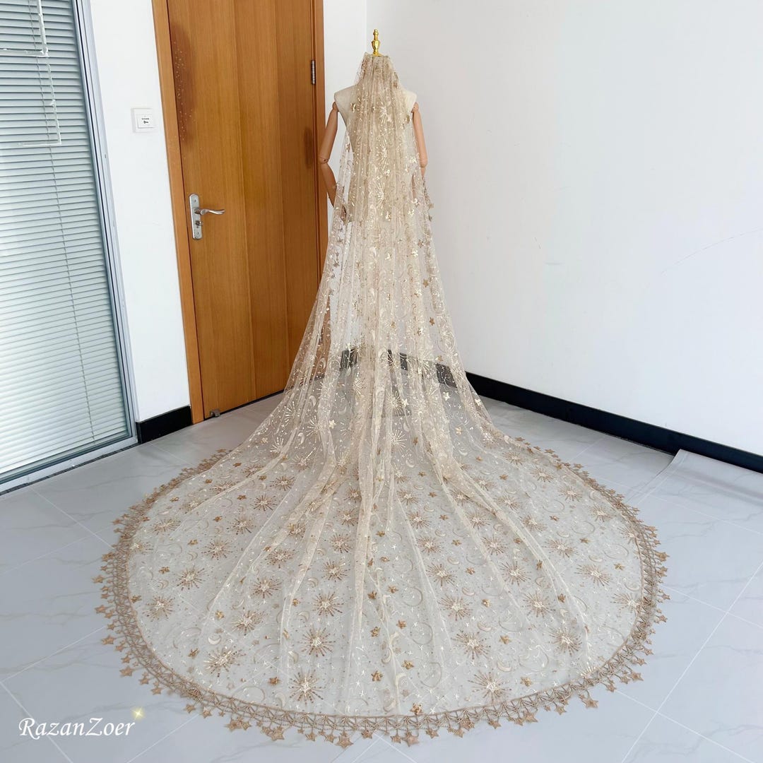 Gold Sequined Veil With Star Pendants, Glitter Moon&stars Bridal Veil ...