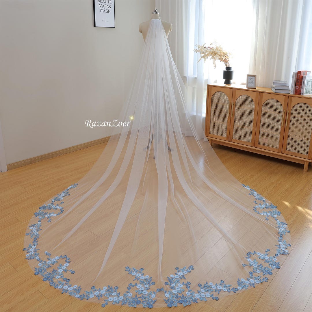 Dusty Blue Flower Lace Wedding Veil Exquisite Tulle Lace Veil 1T Chapel ...
