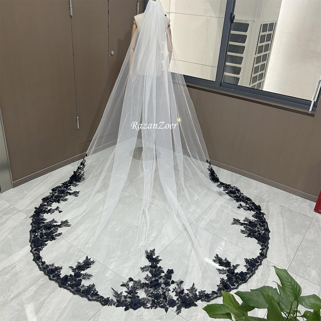 Black Floral Lace Veil Circle Lace Trim Wedding Veil, Round Cathedral ...