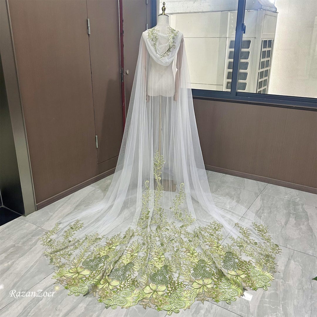 Green Lace Veil Shawl, Elegant Hooded Lace Headpiece Shawl, Wedding ...