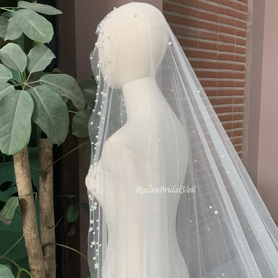Champagne Glitter Bridal Veil/sparkle Tulle Veil/pearls Wedding Veil ...