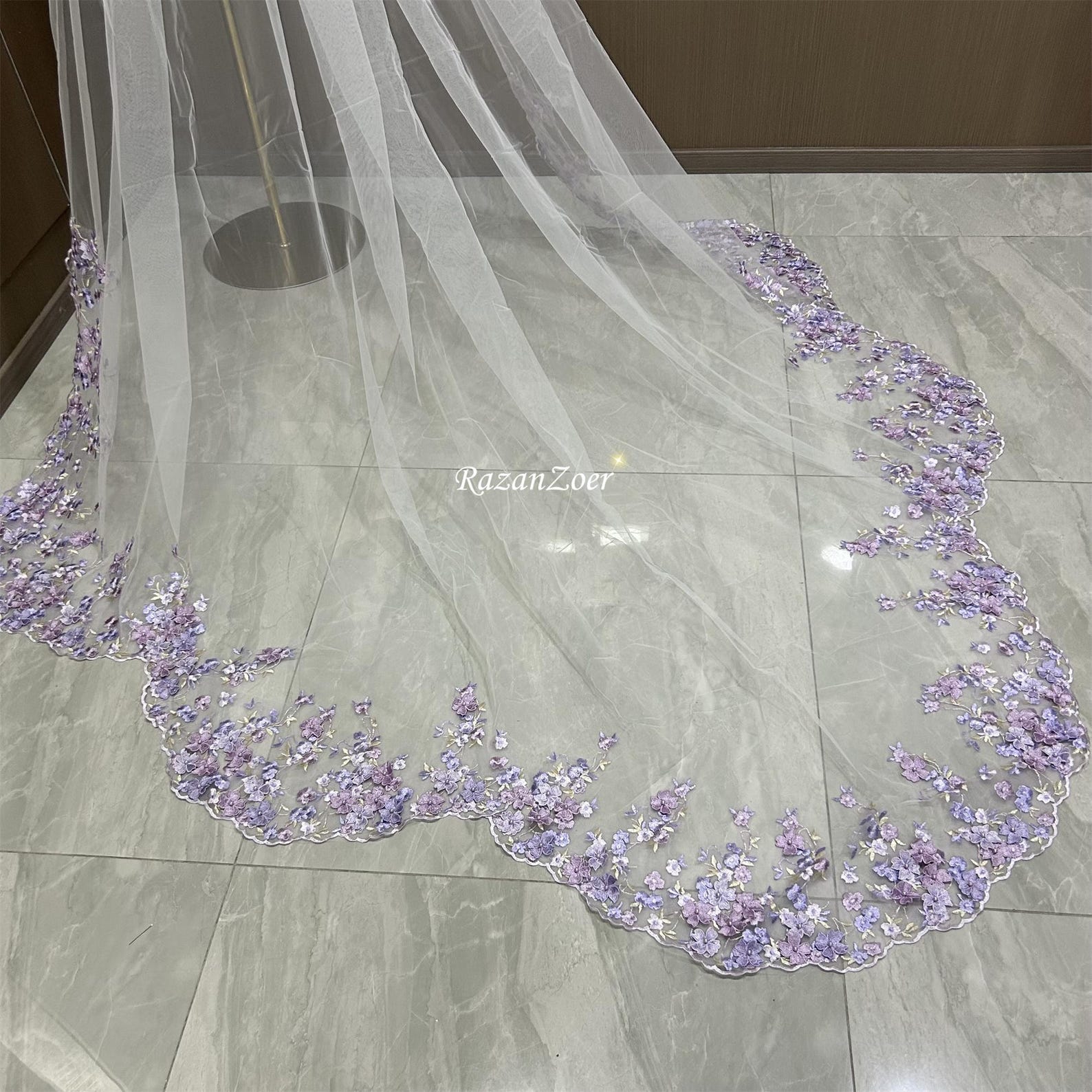 Exquisite Purple Violet Floral Lace Veil, Pearl Flower Wedding Veil ...
