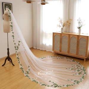 Green Leaves Floral Trim Veil/ Forest Style Long Bridal Veil/ Flower ...
