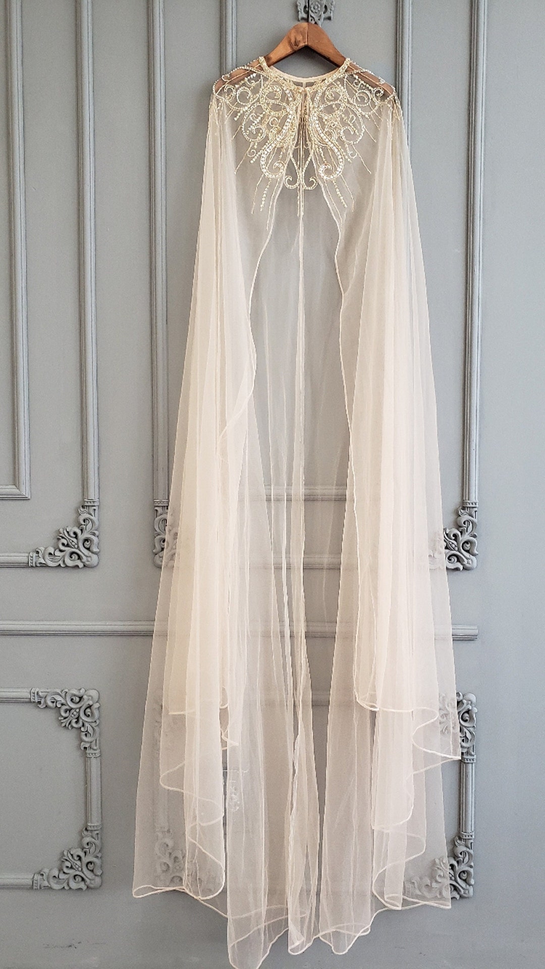 Beaded Luxury Wedding Cape Champagne / Grayish Blue Long - Etsy