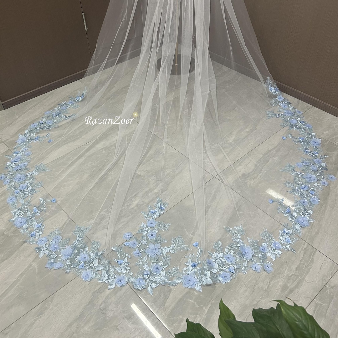Blue Pearl Floral Lace Veils Flower Wedding Veil, Round Edge Chapel ...