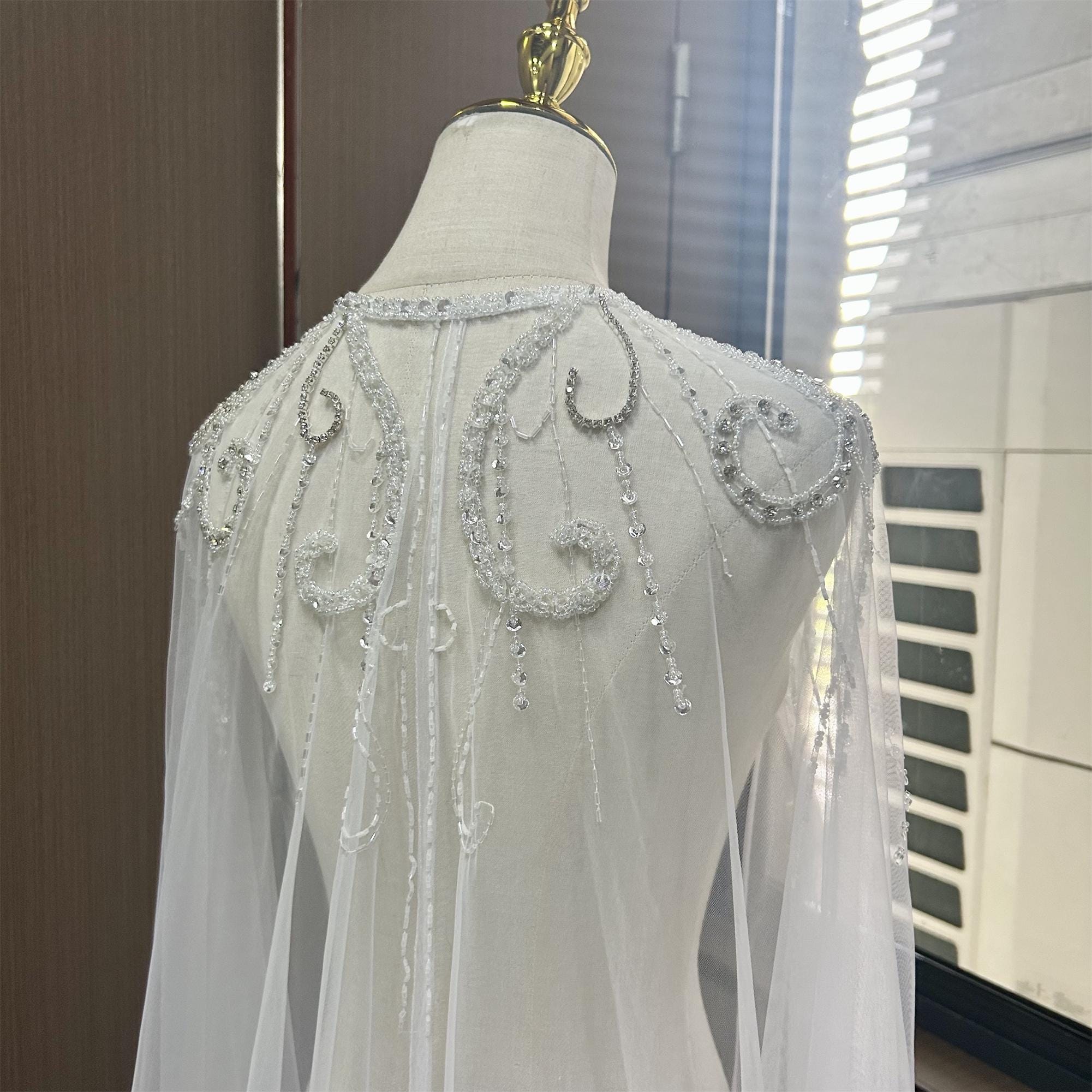 Silver Beaded Luxury Wedding Cape | Ivory Long Bridal Cape | Wedding ...
