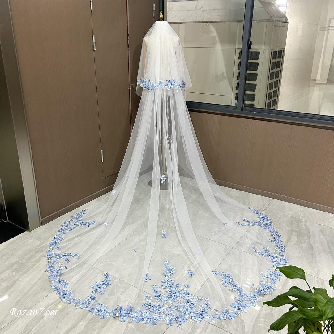 2T Blusher Veil, Blue Pearl Flower Lace Wedding Veil, Cathedral Veil ...