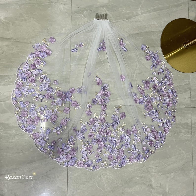 2025 Spring Trend Veil, Lavender Purple Floral Lace Applique Veil Short ...