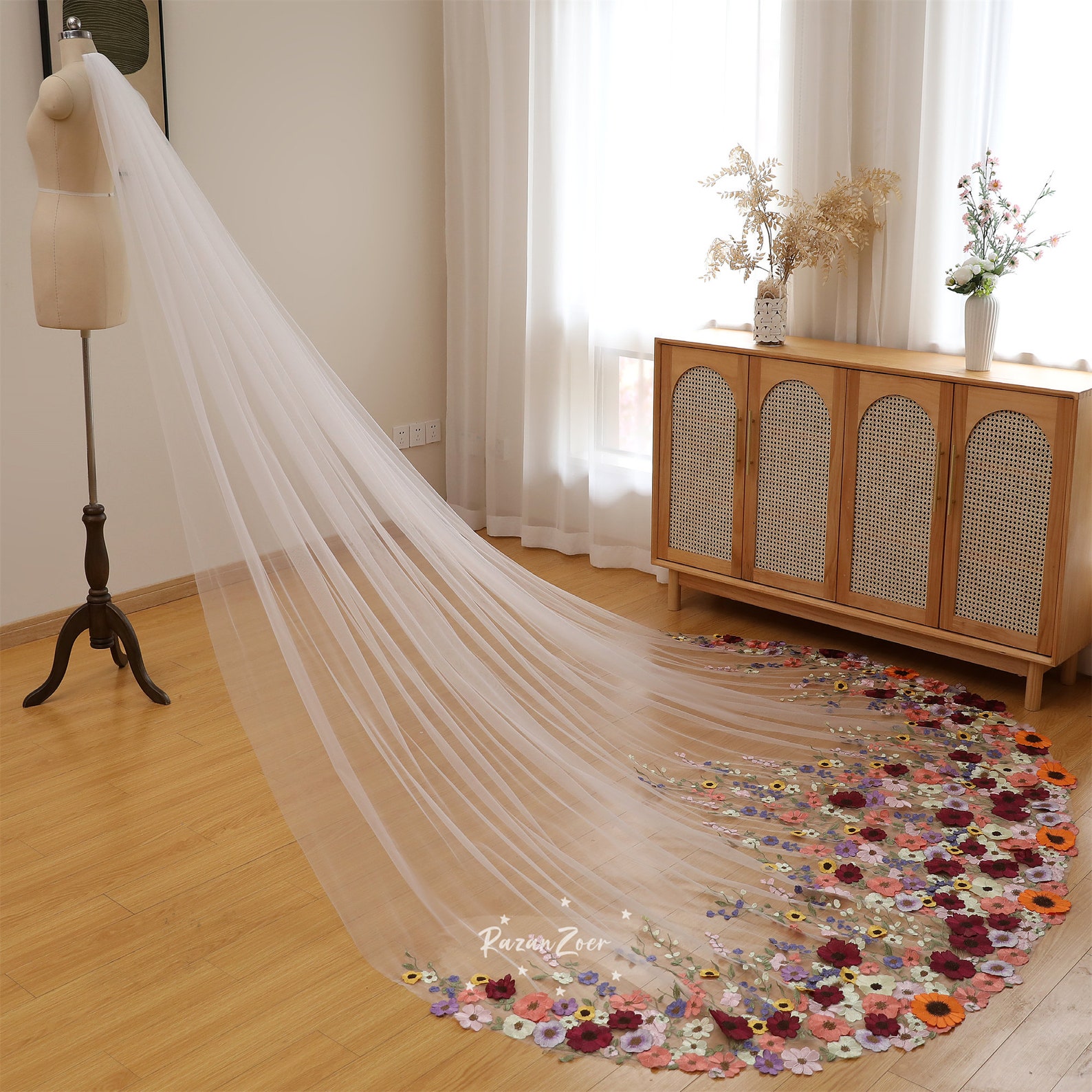 Colorful Flowers Veil/ Gorgeous Wedding Veil/ Forest Style Long Bridal ...