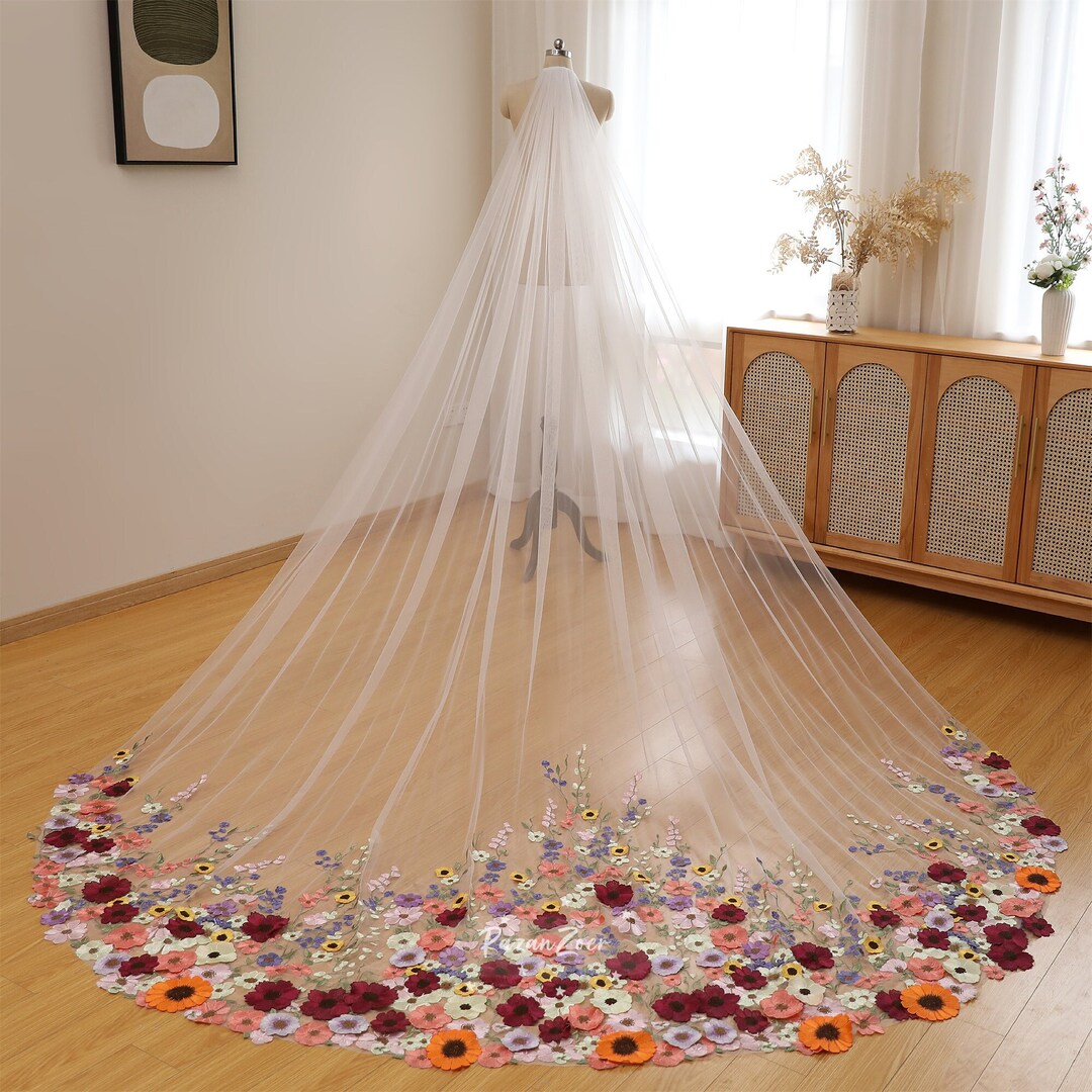 Colorful Flowers Veil/ Gorgeous Wedding Veil/ Forest Style Long Bridal ...