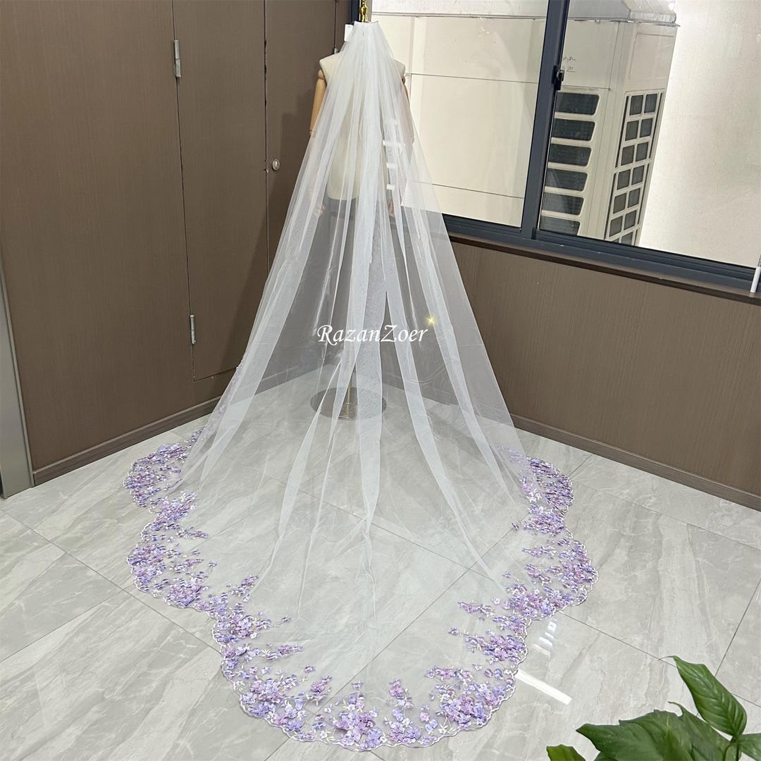 Exquisite Purple Violet Floral Lace Veil, Pearl Flower Wedding Veil ...