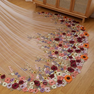 Colorful Flowers Veil/ Gorgeous Wedding Veil/ Forest Style Long Bridal ...