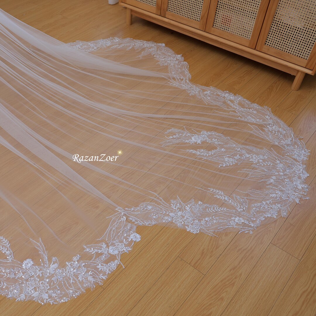 Beaded Seaweed Exquisite Lace Veil Mermaid Veil Petal Lace Trim Veil 1T Cathedral Veil Pattern ...