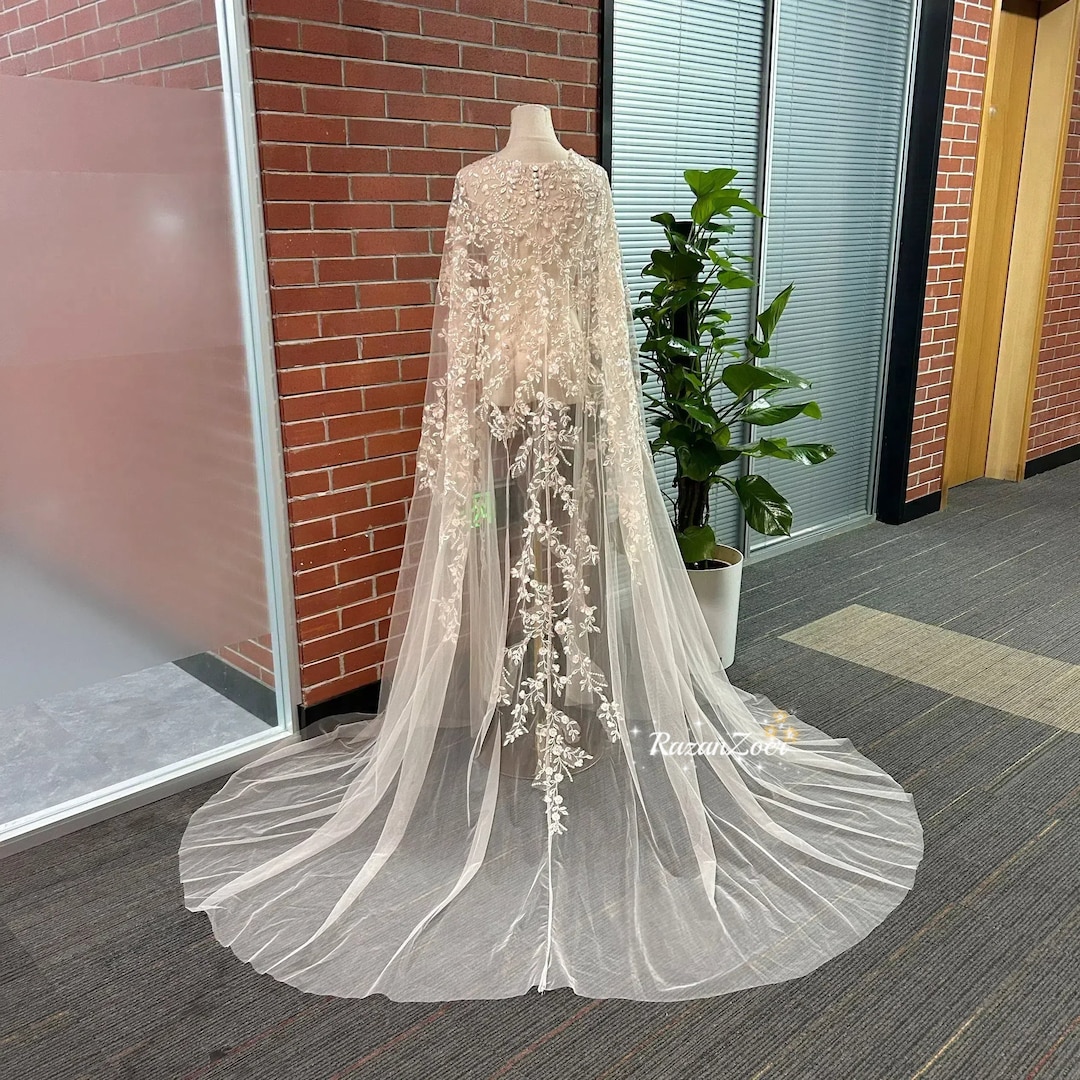 Flower Lace Bridal Cape/ Long Bridal Cape / Wedding Cape Veil/ Bohemian ...