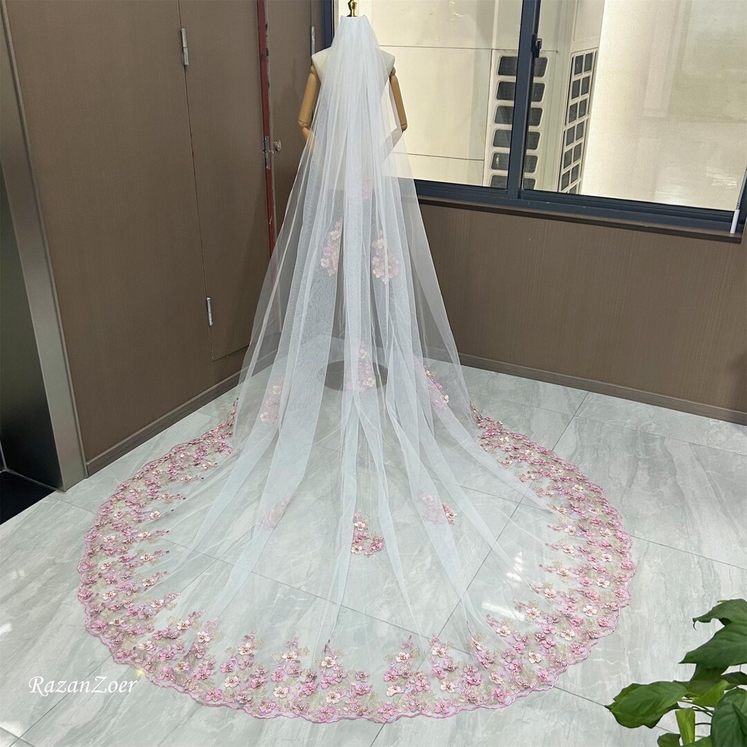 Lavender Pink Lace Veil, Handmade Ivory Lace Wedding Veil With Pearl ...