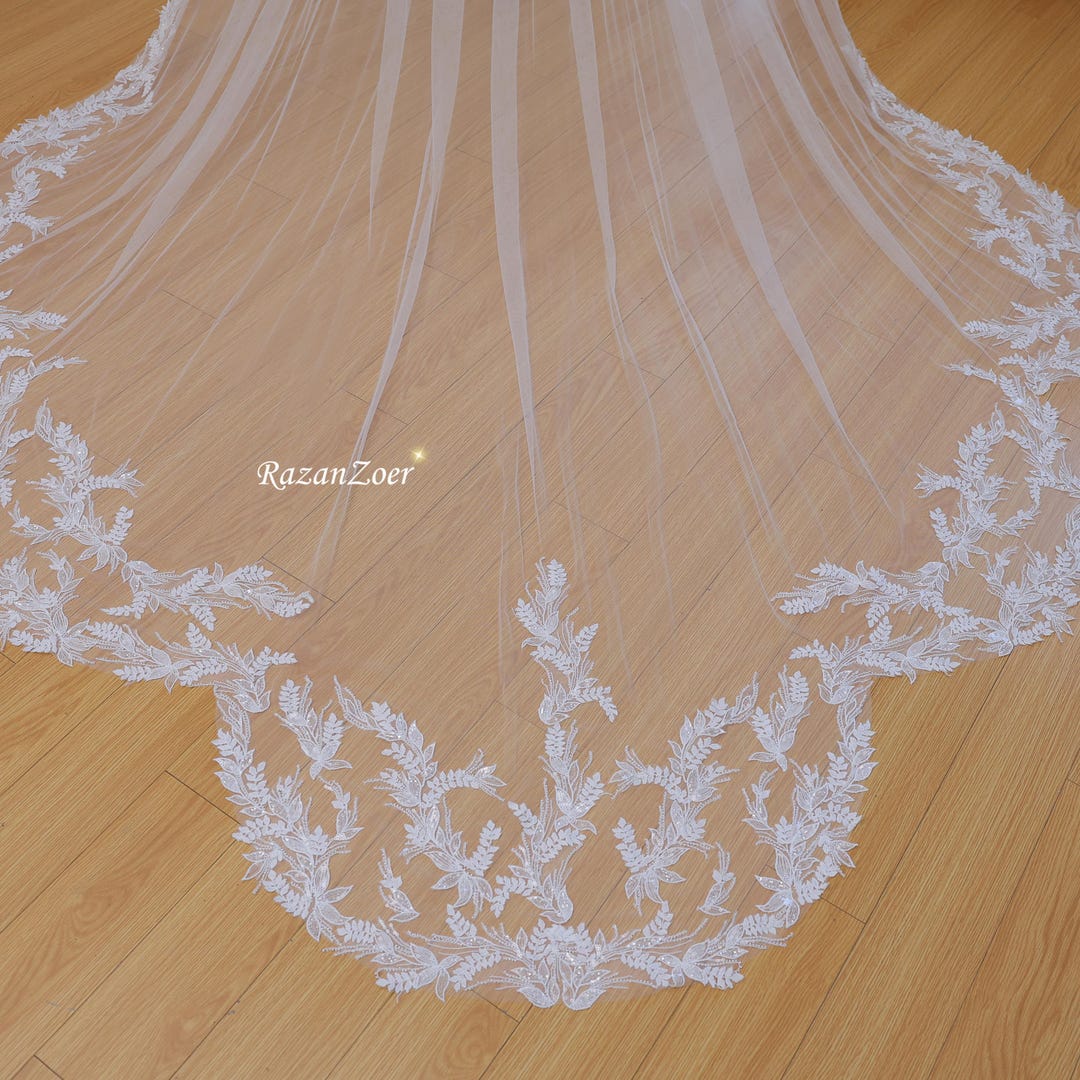 Leaves Lace Veil 118" Cathedral Veil, Mermaid Veil With Comb, Sparkling ...