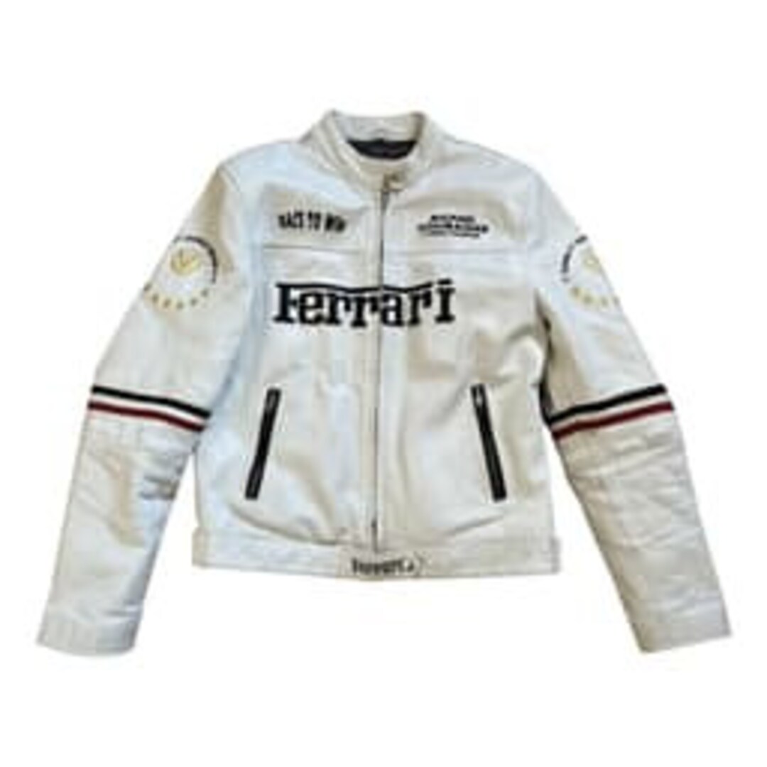 White Vintage Ferrari Leather Jacket, Racing Jacket, Ferrari Jacket ...