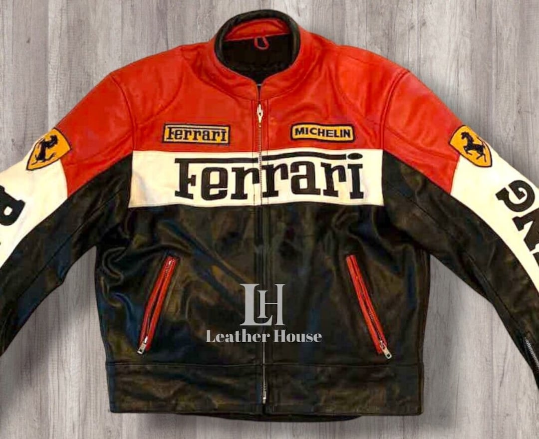 Ferrari Leather Racing Jacket, Genuine Leather Cowhide Jacket F1 Jacket ...