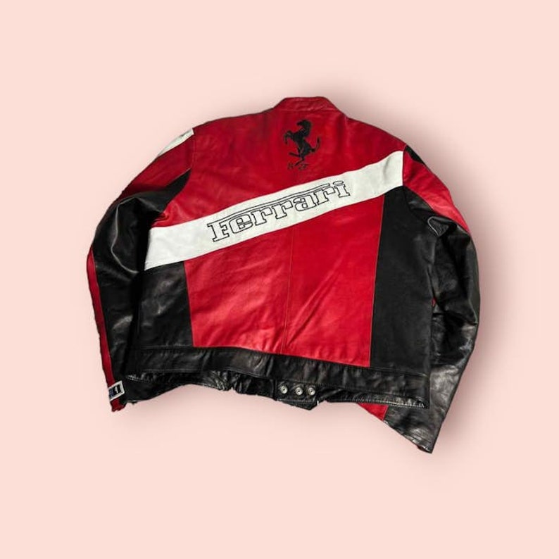 Black Ferrari Leather Racing Jacket, Red Leather Racing Jacket, F1 ...