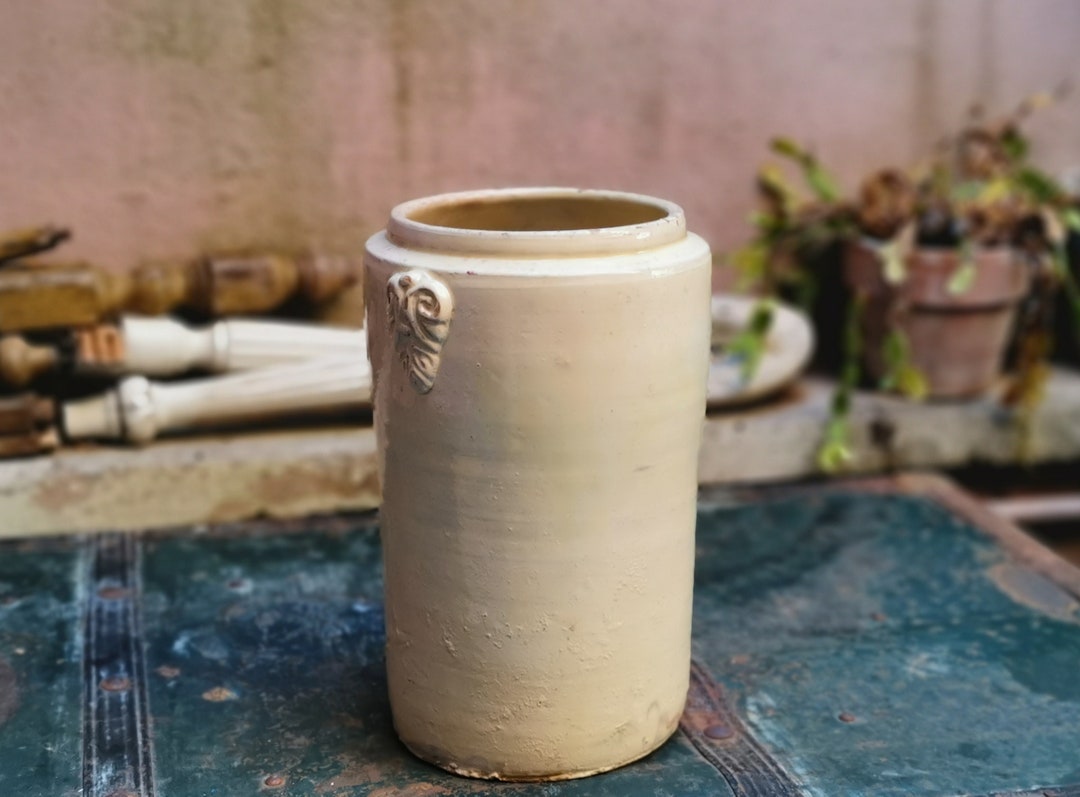 XL - Antique, Big Ivory-colored Glazed Terracotta Confit Pot Dating ...