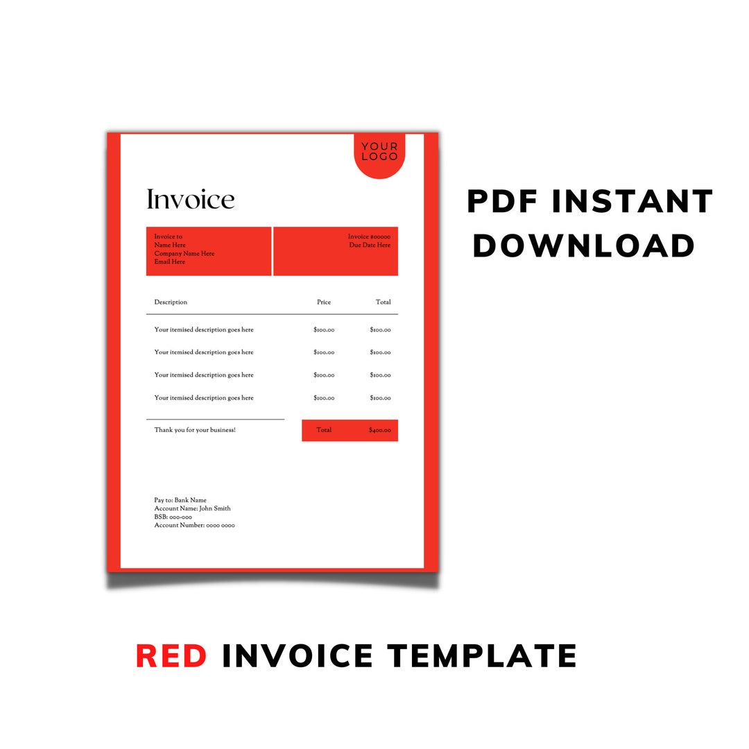 Red Invoice Template, Invoice Canva Template, Printable Invoice, Custom ...