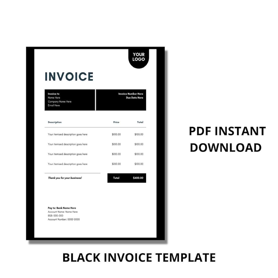 Black Invoice Template, Invoice Canva Template, Printable Invoice ...