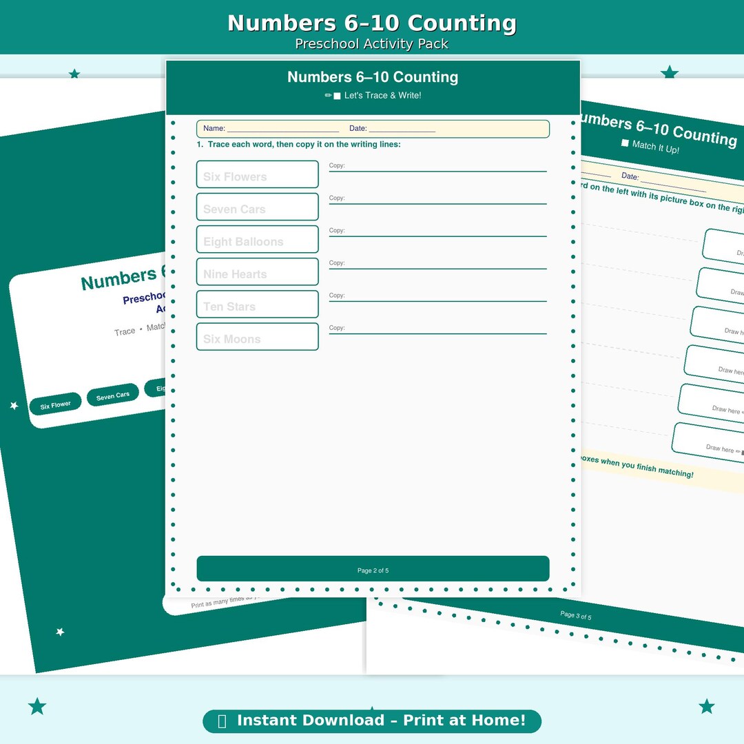 Numbers 6–10 Counting Activity Pack – Kindergarten Math Printable ...