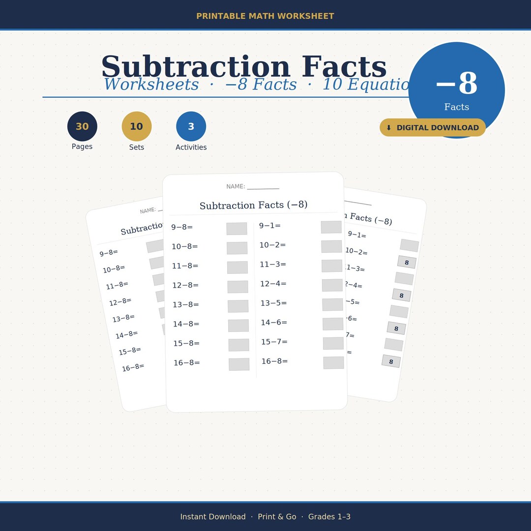 Subtraction Facts (-8) Worksheet | Printable Math Practice | Grades 1-3 ...
