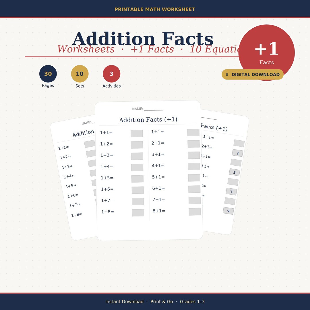 Addition Facts +1 Worksheet | Printable Math Practice | Grades 1-3 ...