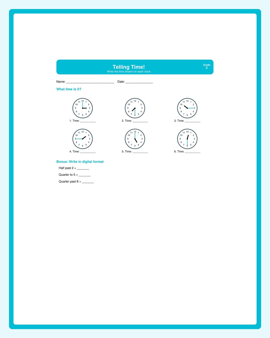 Telling Time Worksheet | Grade 2 | Reading Clocks | Analog Clock ...