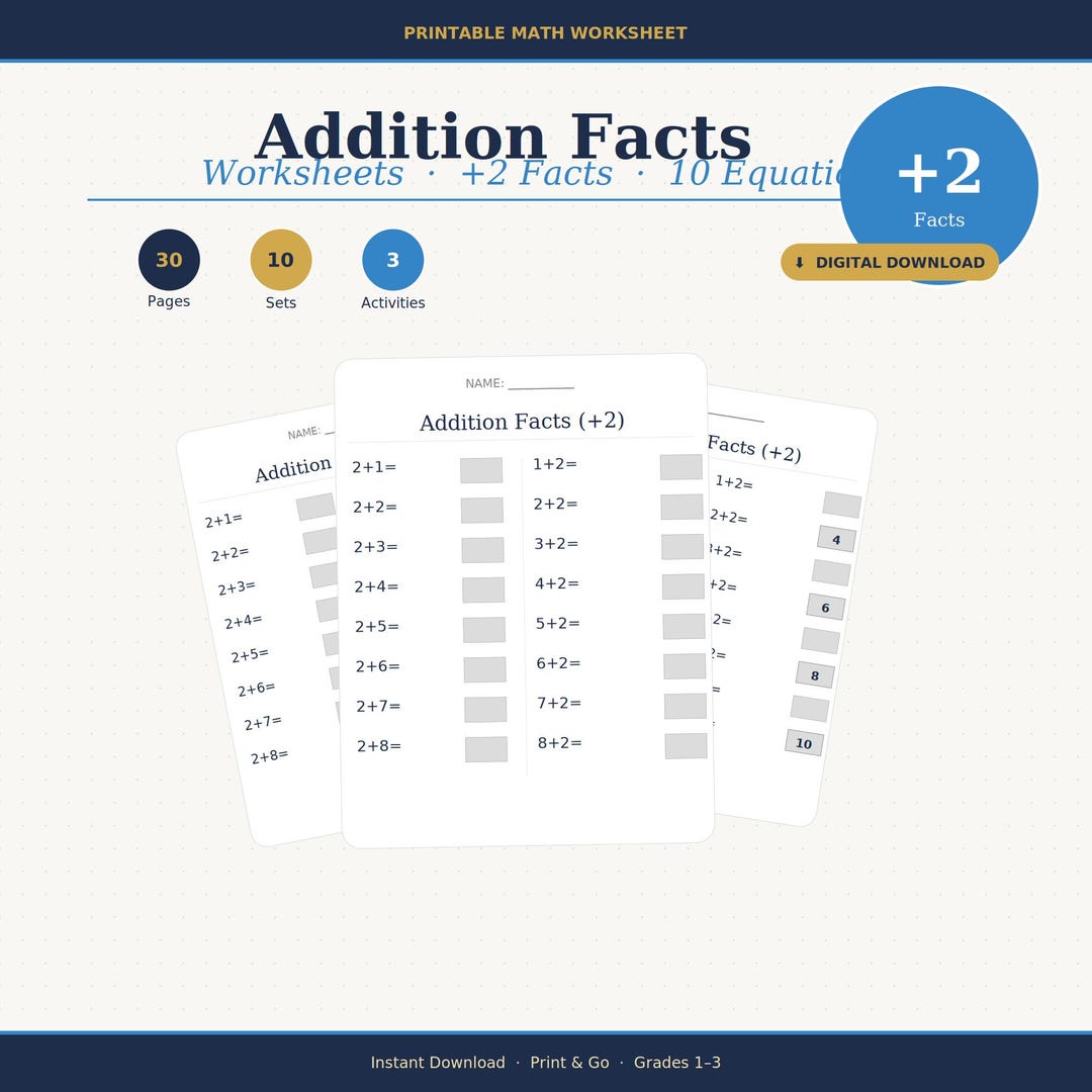 Addition Facts +2 Worksheet | Printable Math Practice | Grades 1-3 ...
