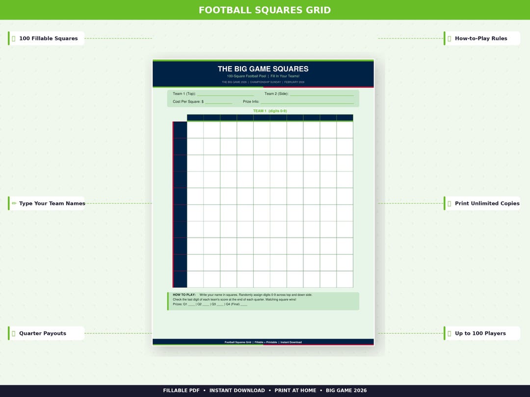 Football Squares Board, 100 Square Grid, Fillable PDF (instant Download ...