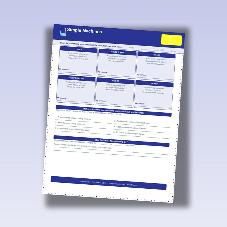 Simple Machines Science Worksheet | Grades 3-5 Physics Activity ...