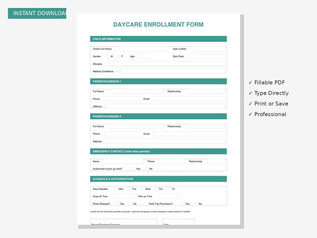 Fillable Daycare Enrollment Form PDF | Childcare Registration ...