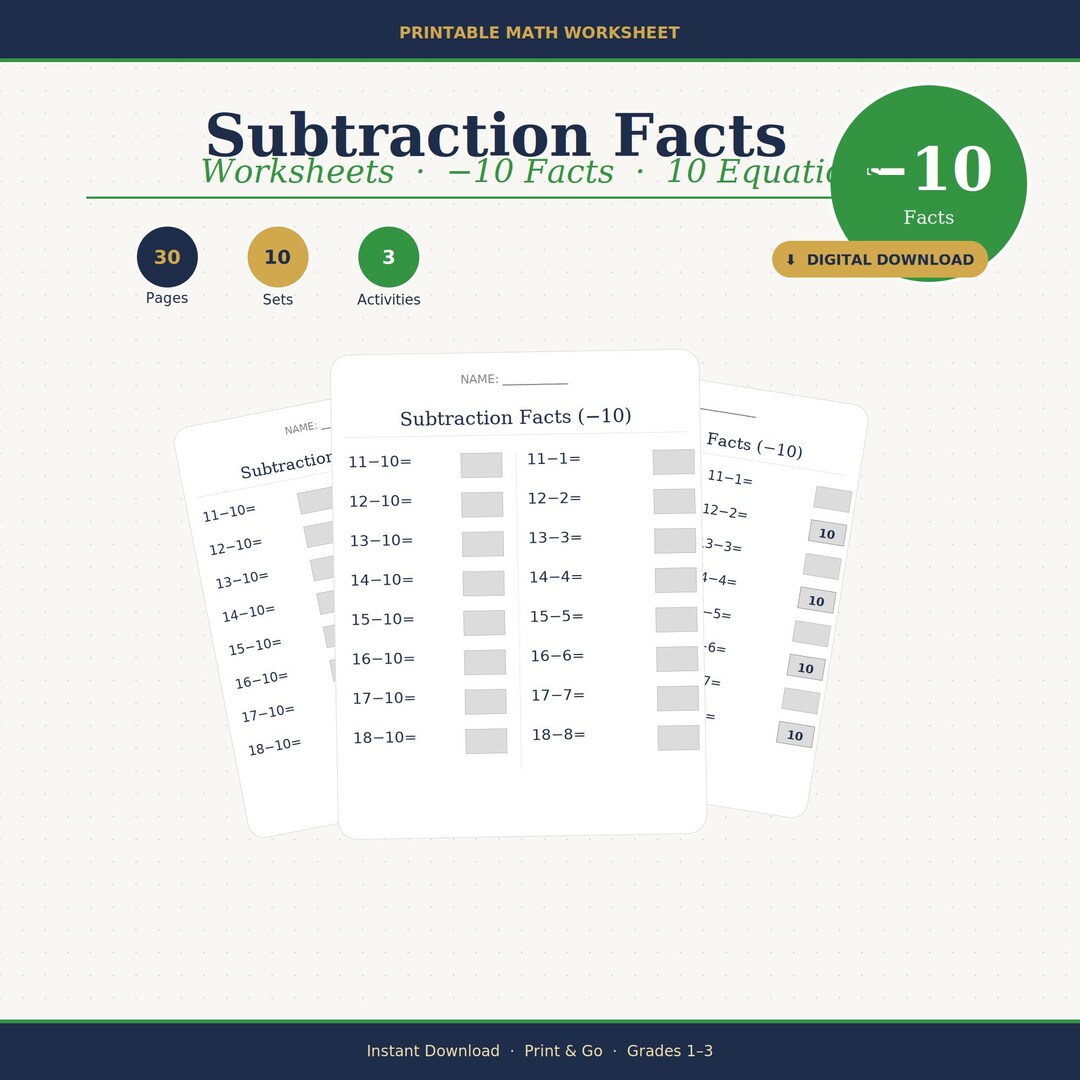 Subtraction Facts (-10) Worksheet | Printable Math Practice | Grades 1 ...