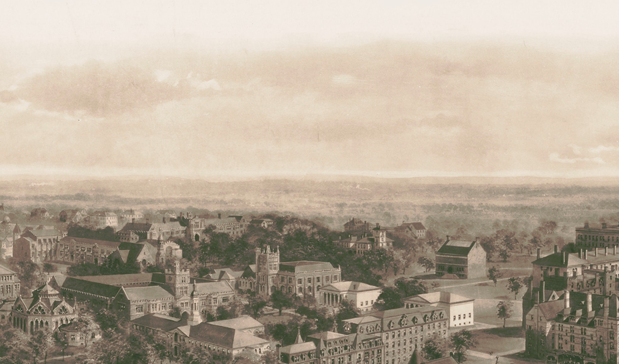Princeton University Campus Panorama, Vintage 1900s Lithograph Replica ...