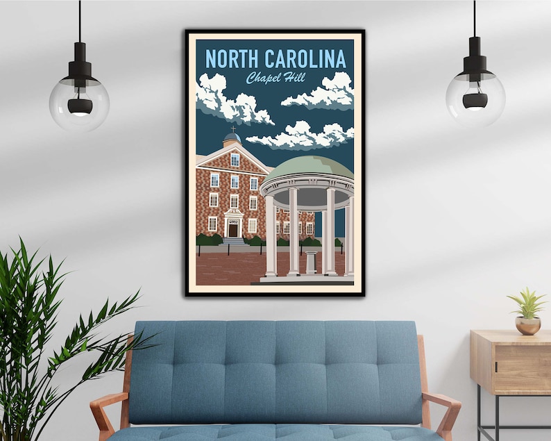 UNC Chapel Hill, Old Well Retro Wall Art, University of North Carolina ...