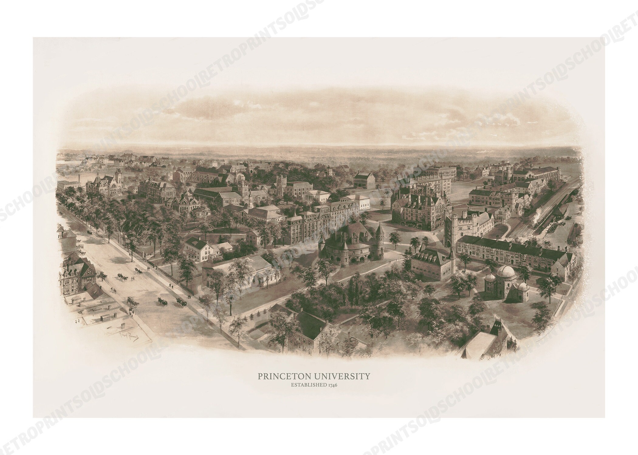 Princeton University Campus Panorama, Vintage 1900s Lithograph Replica ...