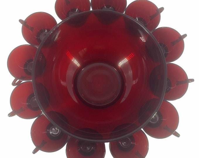 Vintage Cranberry Glass Punch Bowl and Cups Set, Anchor Hawking Royal ...