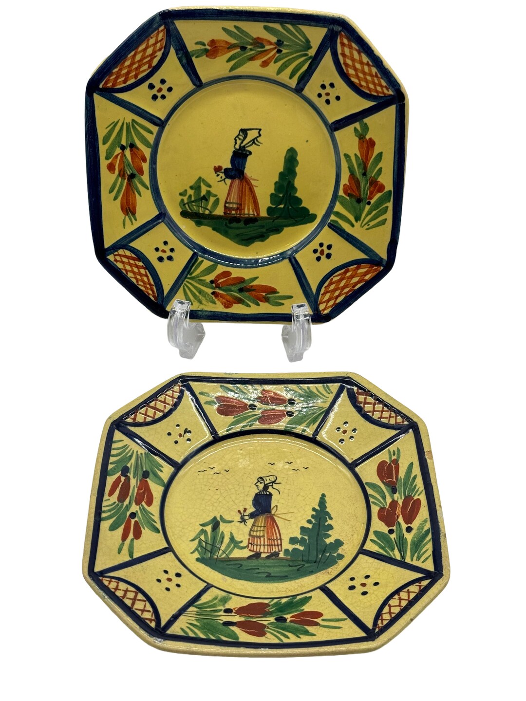 Set 2 HB Quimper Floral Hand Signed Yellow-ware Plates, 6” Each ...